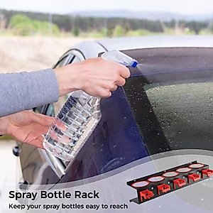 COSYOO Spray Bottle Rack - Spray Bottle Wall Rack, Auto Cleaning Detailing Tools, Can Holder Storage Rack Organizer Wall Mounted Aerosol Bottle Organizer with 5 Holes and 5 Hanging Hooks