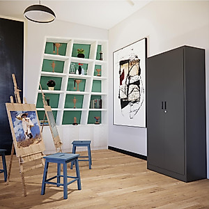 Metal Storage Cabinet with 2 Doors and 4 Shelves, Lockable Steel Storage Cabinet for Office, Garage, Warehouse, 70.86" H x 31.5" W x 15.75" D (Black)