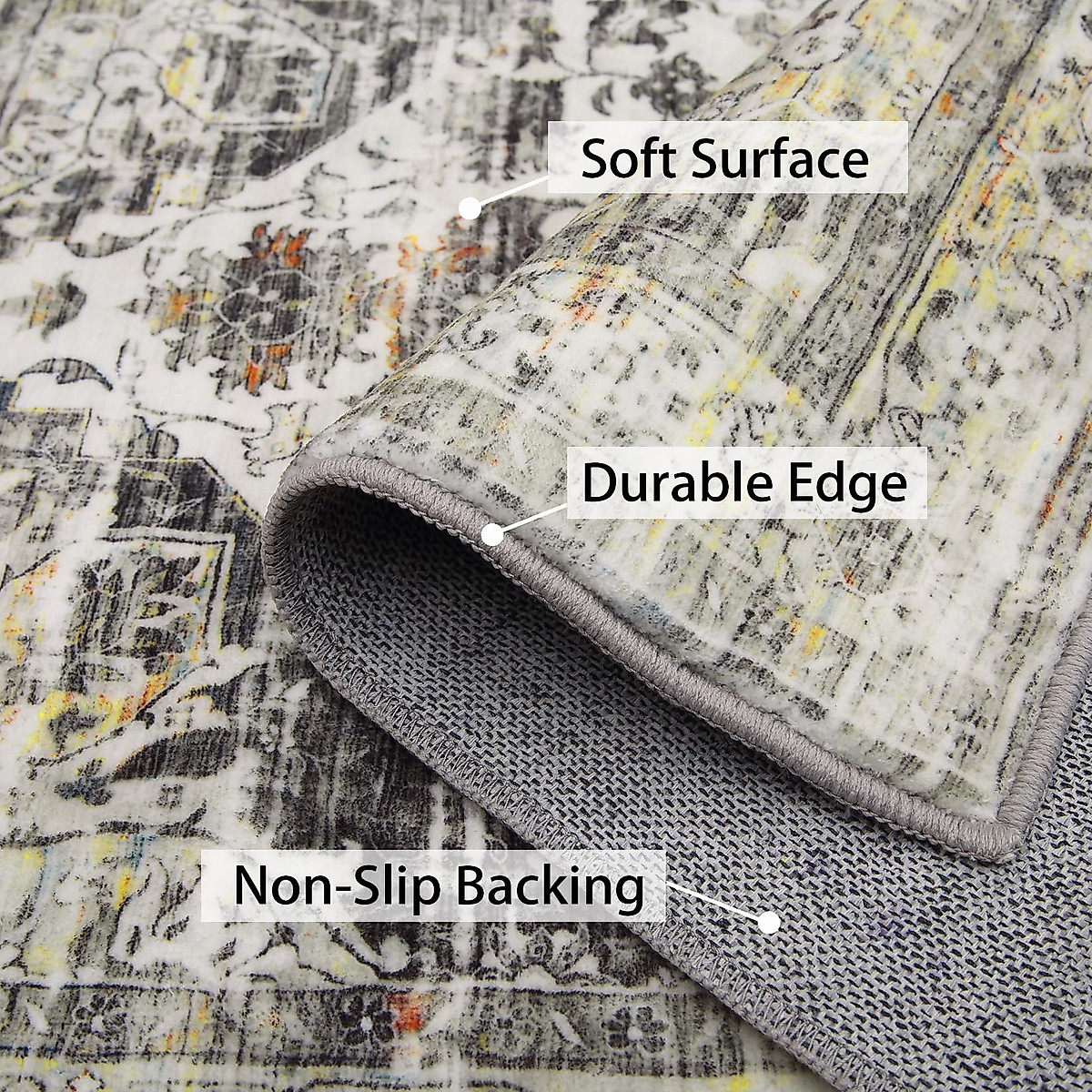 ROYHOME Area Rug 8x10 Machine Washable Rug Traditional Distressed Carpet Stain Resistant Non-Slip Floor Cover Carpet Rug Medallion Accent Rug for Living Room Bedroom Dining Room, Grey