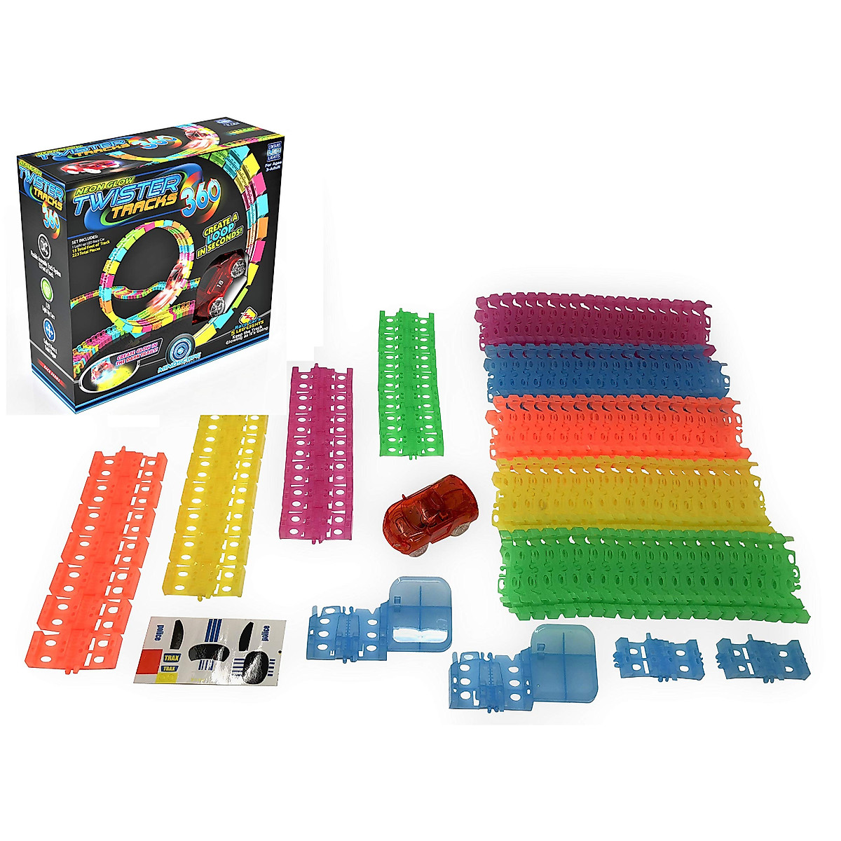 Mindscope Twister Tracks Trax 360 Loop 13' (feet) of Neon Glow in The Dark Track with One LED Light-Up Race Series Car