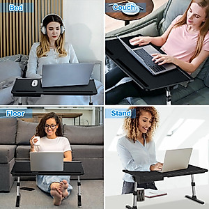 EVETTO Laptop Bed Desk, X-Large Leather Adjustable Computer Bed Table Tray, Foldable Laptop Lap Desk for Bed Sofa Couch Floor Writing Eating Working with Drawer 2 Movable Stoppers (23.6 inch, Black)