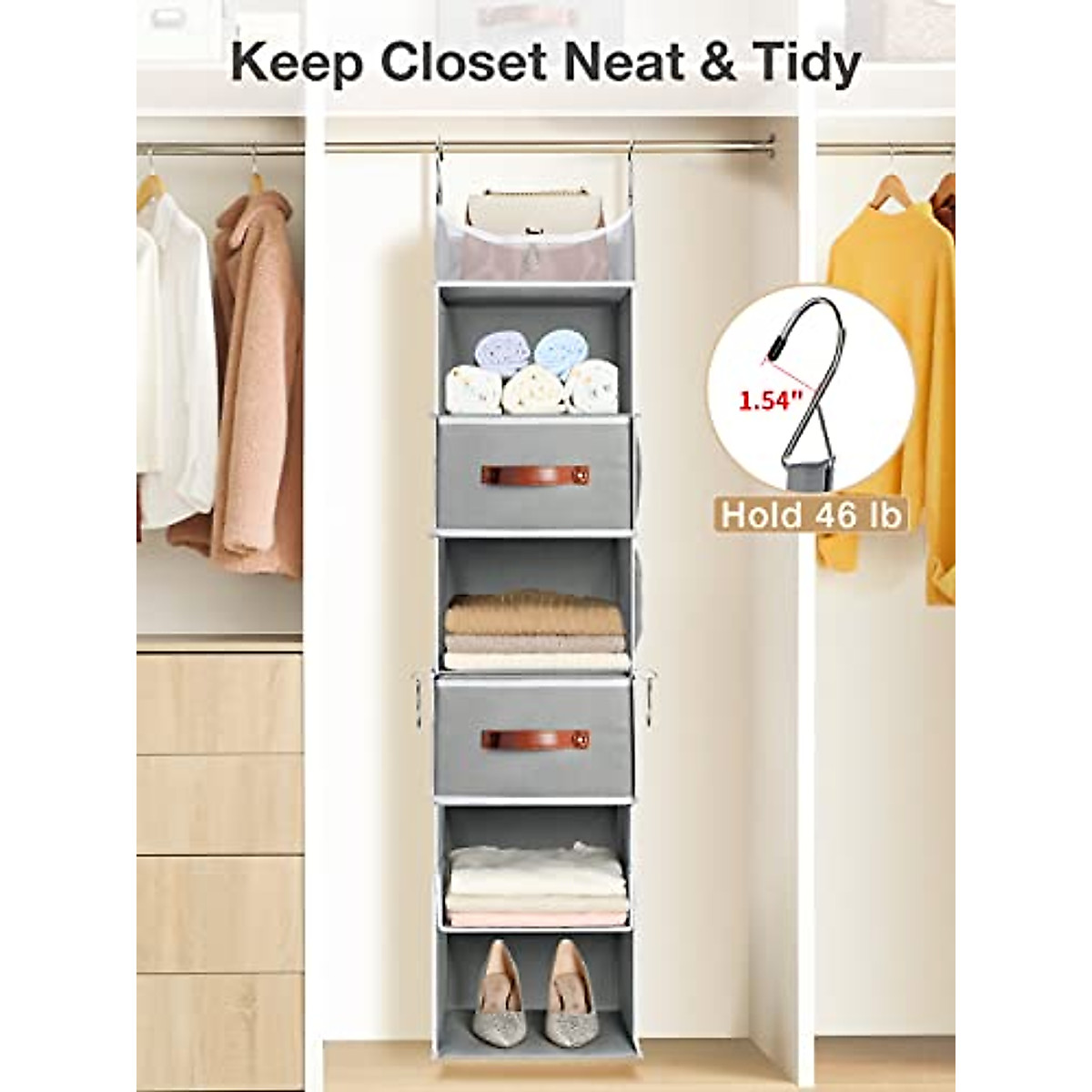Yecaye Upgraded 7-Shelf Hanging Closet Organizers and Storage with 3 Drawers 4 Side Pockets, 2 Flexible 3-Shelf Closet Organizer System, Clothes Organizer Shelves for Bedroom Closet Rack