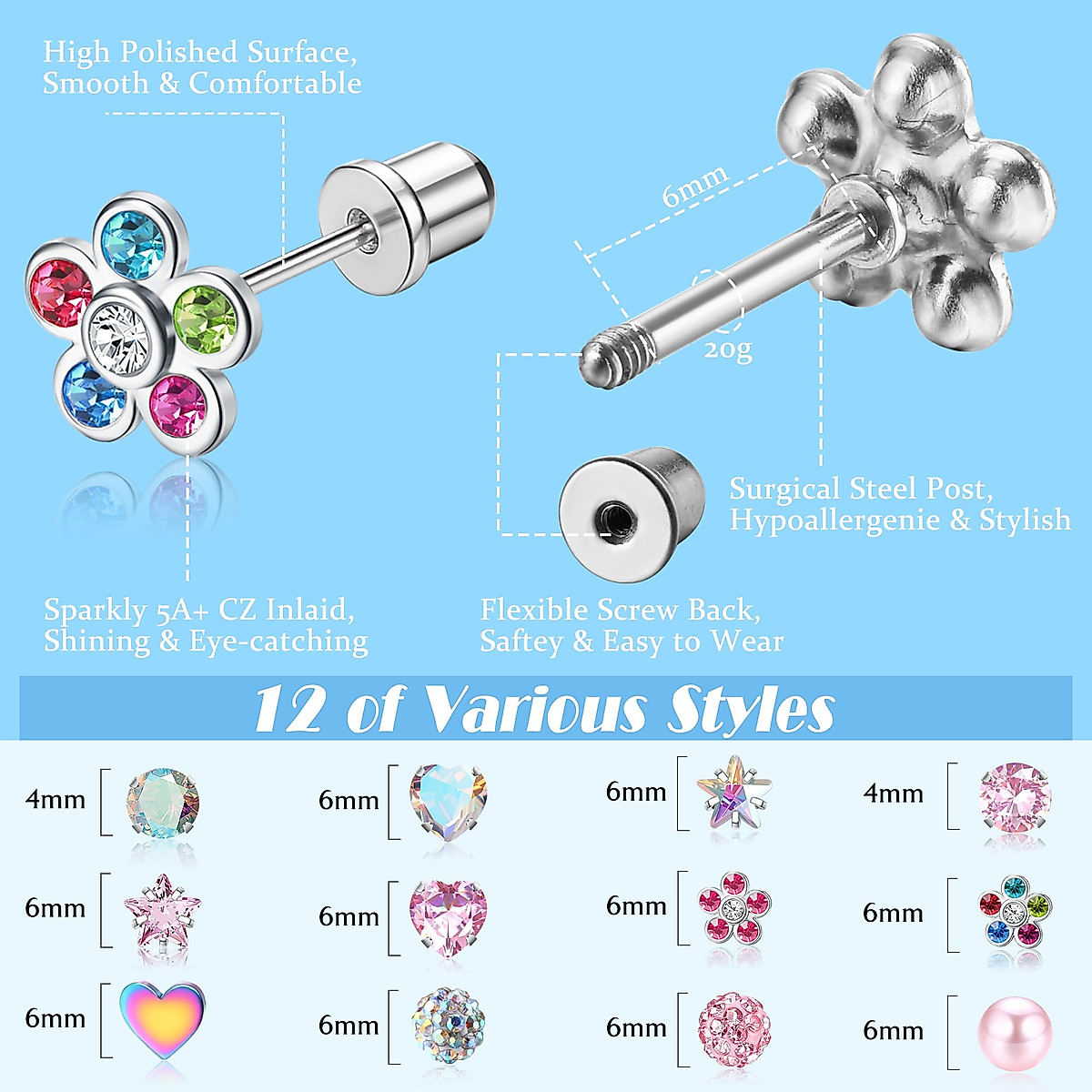 BESTEEL 12 Pairs Hypoallergenic Screw Back Earrings for Girls Women CZ Ball Surgical Stainless Steel Stud Earrings Set Cute Star Flower Screwback Earrings Mix Age: over 3 years old