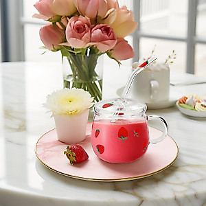 Kreapa strawberry glass cup 2 Sets cute strawberry Clear Glass Mug with Lid and Straw. Strawberry cups with cute strawberry roller stuff pattern decor glass bottle for Juice water milk coffee tea