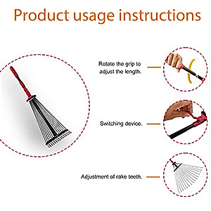 HXBYX 64 Inch Garden Leaf Rake, 15 Metal Tines, Adjustable Handle and Rake Tooth Spacing, Yard Leaf Rake for Picking up Leaves, Grass Clippings, Shrubs, Garbage and More