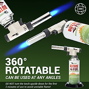 Jo Chef Pro Butane Torch - Refillable Torch Lighter Head, Hand Held Small Kitchen Torch with Adjustable Flame - Culinary Blow Torch, Creme Brulee Torch, Baking, BBQ, Including 2 Butane Canisters
