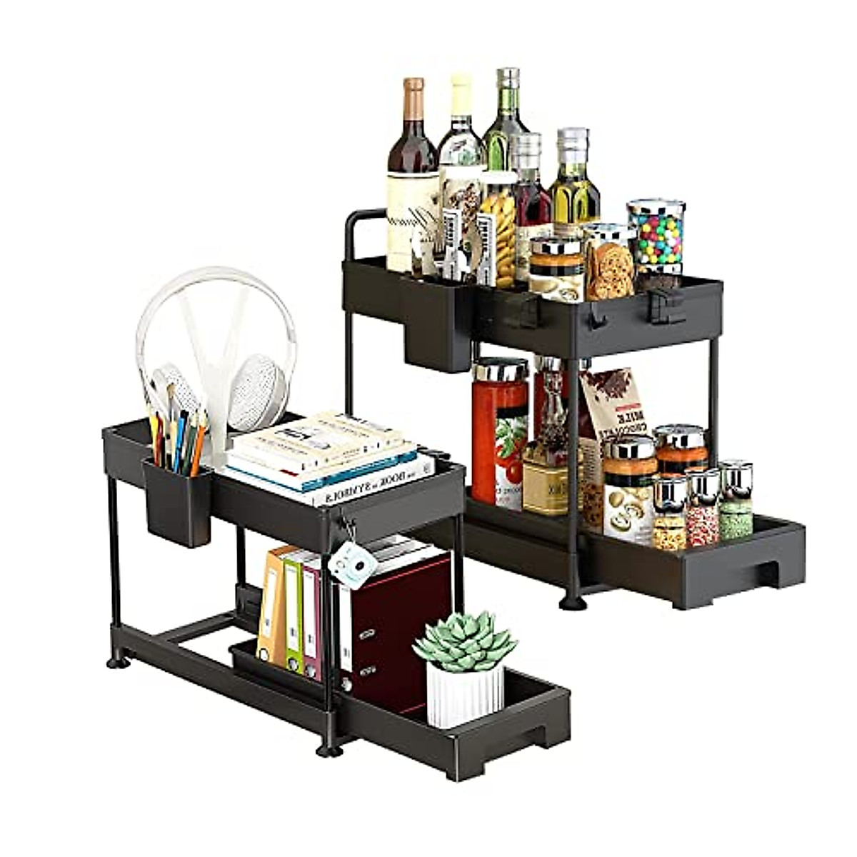 SAMODRA Under Sink Organizers and Storage, Kitchen Cabinet Storage 2 Tier Drawer Pull-able Basket Organizer Bathroom Storage Rack with Hooks, DIY Removable Dividers (Black-2 Pack)