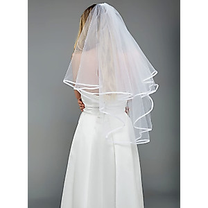 KUNG FU PARTY Bachelorette White Double Ribbon Edge Center Cascade Bridal Wedding Veil with Comb& Bride to Be Satin Sash (White Veil+White Sash)