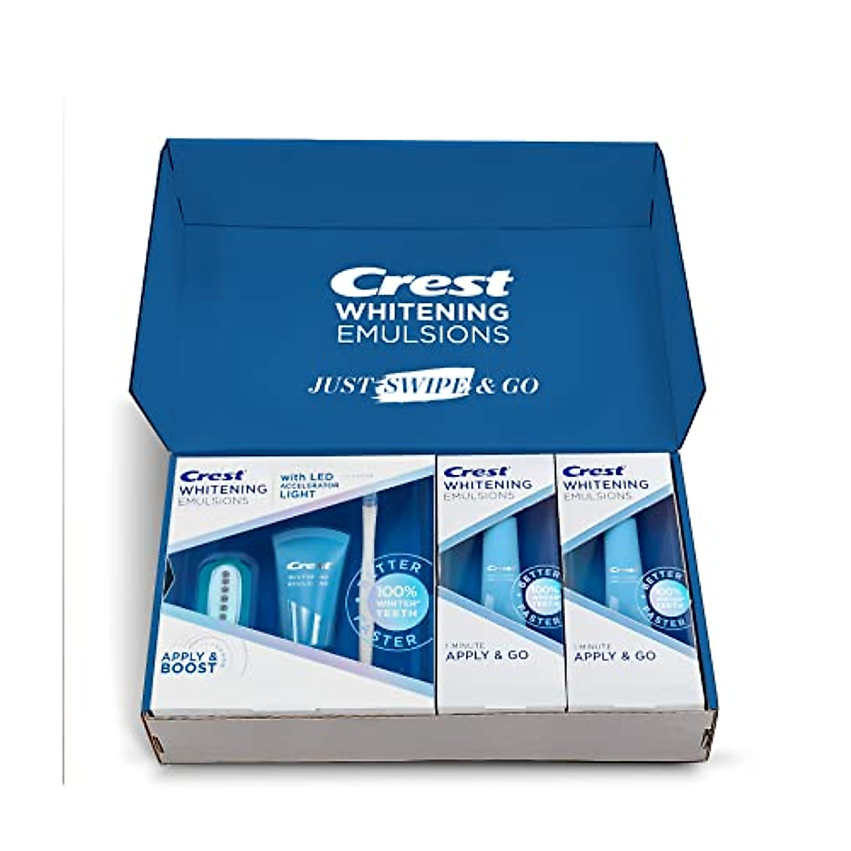 Crest Whitening Emulsions Leave-on Teeth Whitening Gel Kit with LED Accelerator Light, 0.63oz + Built-in Applicator + Two 0.35oz On-The-Go Teeth Whitening Pens Value Pack