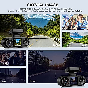 COXPAL 3 Channel Dash Cam Front and Rear Inside with GPS, WiFi, Infrared Night Vision, Supercapacitor, G-Sensor, 2K+1080P+1080P Triple Car Camera, Parking Monitor, Supports 512GB Max