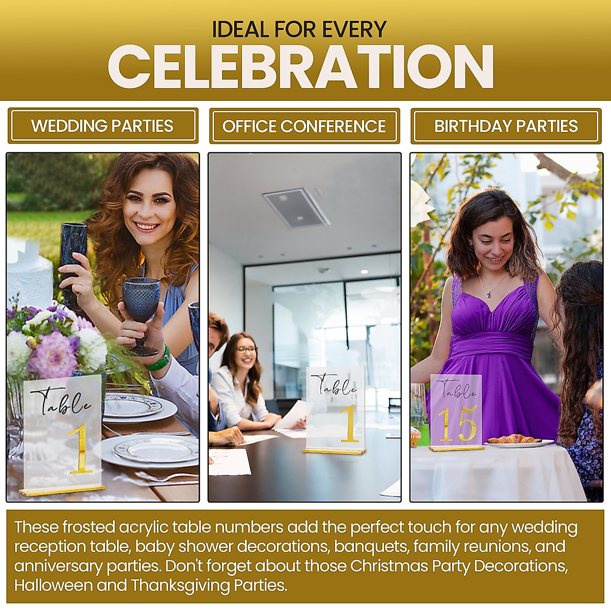 Table Numbers-Mirrored Gold Table Numbers & Base-Frosted Acrylic Table Numbers -Wedding Decorations for Reception-Minimalistic font table number stands 7x5-wedding table numbers for wedding reception