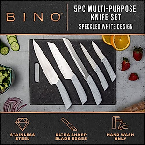 BINO 5-Piece Stainless Steel Kitchen Knives Set with Sheath - Speckled White | Chopping Knife | Serrated Utility Knife | Santoku Knife | Bread Knives | Cutting | Cooking | Meal Prep | Chefs Knife Set