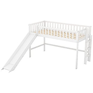 Harper & Bright Designs Twin Size Low Loft Bed Frame with Ladder and Slide for Kids,White