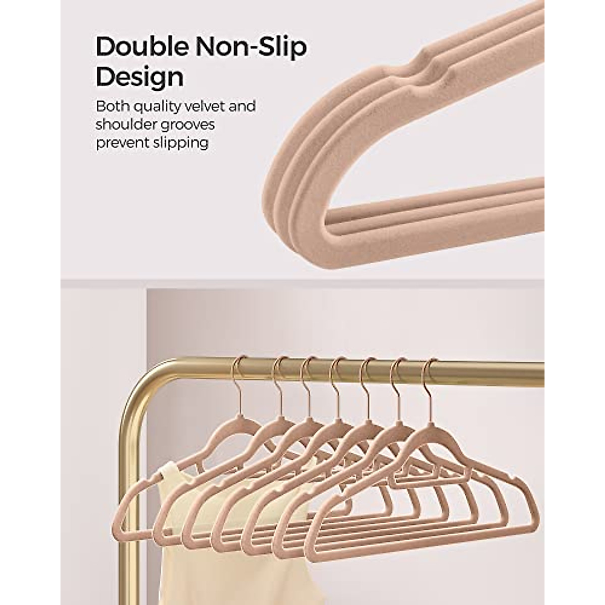 SONGMICS 30-Pack Pants Hangers and 50-Pack Clothes Hanger Bundle, Velvet Hangers with Adjustable Clips, Non-Slip, and Space-Saving, Pale Green and Pale Brown UCRF012GR30 and UCRF021LB50