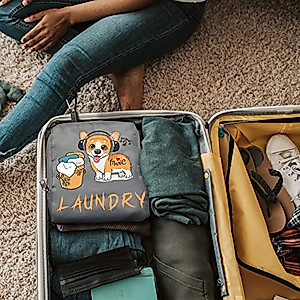 Travel Laundry Bags with Handles and Carabiner, Foldable Dirty Laundry Travel Bag with Cute Corgi Pattern, 24"L X 21"W Dirty Clothes Bag for Traveling,College Laundry Bag, Corgi Gifts for Corgi Lovers