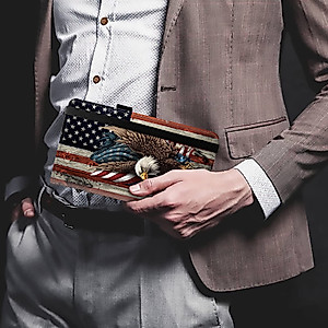 FUYOCWE Leather Checkbook Cover for Men Women Check book Holder Cover Wallets for Personal Checkbook Duplicate Checks with RFID Blocking & Elastic Strap-Bald Eagle with Flag