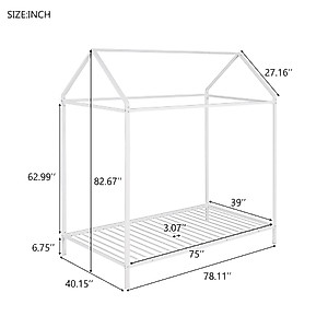 Twin House Bed for Kids, Montessori Bed Frame Metal Platform Bed Floor Bed for Boys Girls, No Box Spring Needed - White