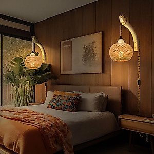 Plug in Wall Sconce, Bamboo Rattan Wall Sconce Decor, Farmhouse Wall Sconce Plug In, Wicker Wall Lamp with Plug in Cord, Hand Woven Boho Sconces Wall Light for Bedroom Living Room