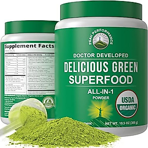 Peak Performance Organic Greens Superfood Powder. Best Tasting Super Greens Powder with 25+ Organic Ingredients for Max Energy and Athletic Performance. Vegan Keto Green Juice Daily Drink