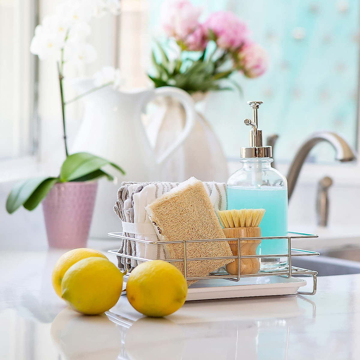 HandyHomeConcepts Kitchen Sink Caddy Sponge Holder For Kitchen Sink Organizer Large Caddy Silver 9.5x6.1x3.5 inch with removable melamine drain tray (not incl. Soap, Brush, Sponge, Towel)