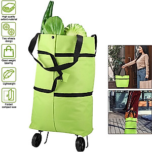 2 in 1 Foldable Shopping Cart, 2023 New Wheel Foldable Shopping Bag Cart, Portable Rolling Tote Shopping Bag with Wheels, Waterproof Trolley Foldable Grocery Shopping Tote (Green Orange Blue Red)