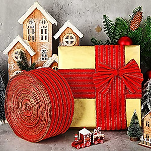 Christmas Wired Velvet Ribbon with Gold Edge, Velvet Waterproof Ribbon Wrapping Velvet Decoration Ribbon for Xmas Wreath Bows Floral Craft Ornaments, Red Stripes (4 Inch by 60 Yard)
