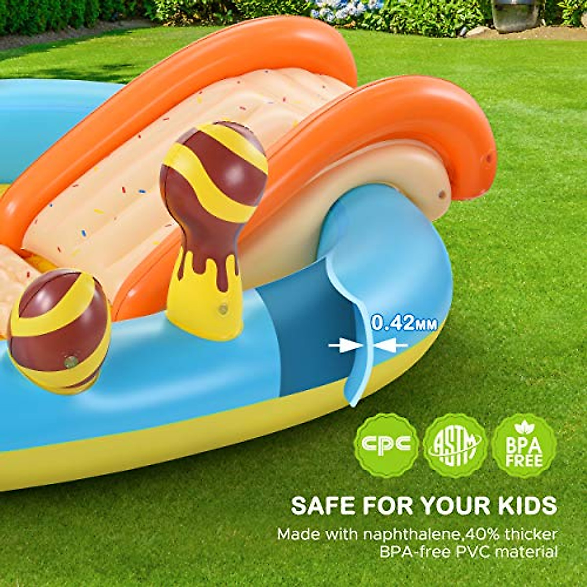 Inflatable Play Center, Hesung 98'' x 67'' x 32'' Kiddie Pool, Summer Inflatable Pool with Slide for Garden, Backyard Water Park, Fountain Arch, Extra Thick, Easy Set up for Ages 2+ Toddlers