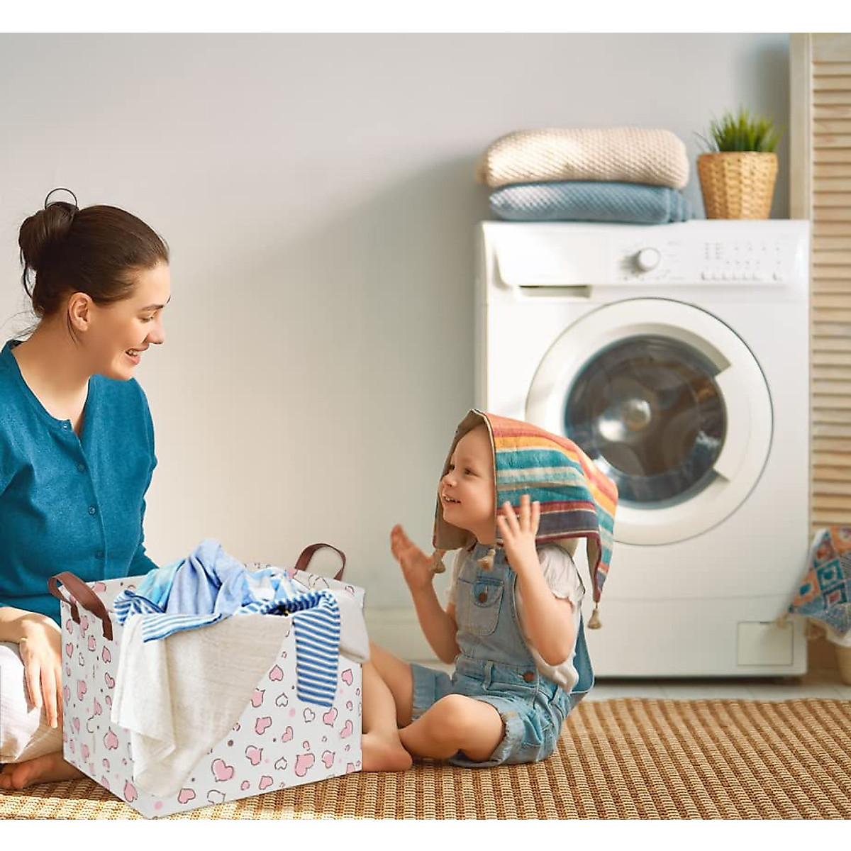 HIYAGON Pink Basket,Valentines Gift Baskets Empty,Cute Storage Bin,Baby Girl Basket, Kids Toy Basket,Rectangular Shelf Basket with Handles,Nursery(Pink Hearts)