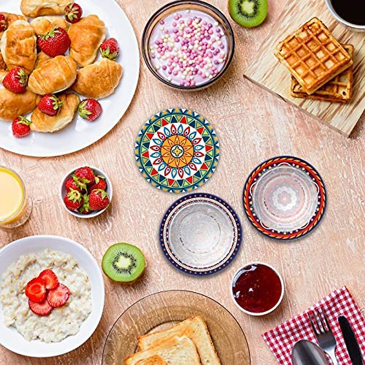 Coasters for Drinks,AODINI Set of 8 Absorbent Stone Coasters for Wooden Table, Mandala Ceramic Coasters with Cork Base, Gift for Housewarming Birthday and Family - Great Home and Dining Room Decor