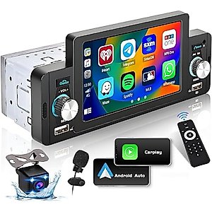 5'' Single Din Apple Carplay Car Stereo with Android Auto, Hikity HD Touch Screen Car Radio Bluetooth 5.1, Mirror Link, FM, Siri, SWC, Dual USB Input, Car Audio with Mic, Remote Control, Backup Cam
