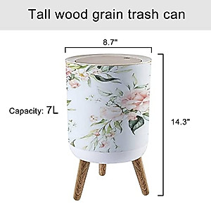 Small Trash Can with Lid Seamless Watercolor Floral Pink Flowers Green Leaves Branches on White Round Recycle Bin Press Top Dog Proof Wastebasket for Kitchen Bathroom Bedroom Office 7L/1.8 Gallon