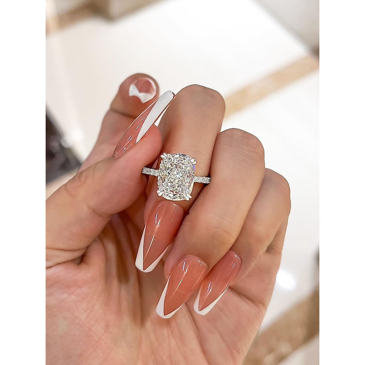 Effinny 4.0ct Elongated Cushion Cut Engagement Ring for Women,White Gold Plated Sterling Silver Simulated Diamond Promise Ring(Size:7)