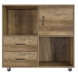 Graciia Wood Mobile File Cabinet, Lateral File Cabinet with 2 Drawers, Printer Stand with Storage Door and Shelves, Large Mobile Filing Cabinet for Home Office, Rustic Brown