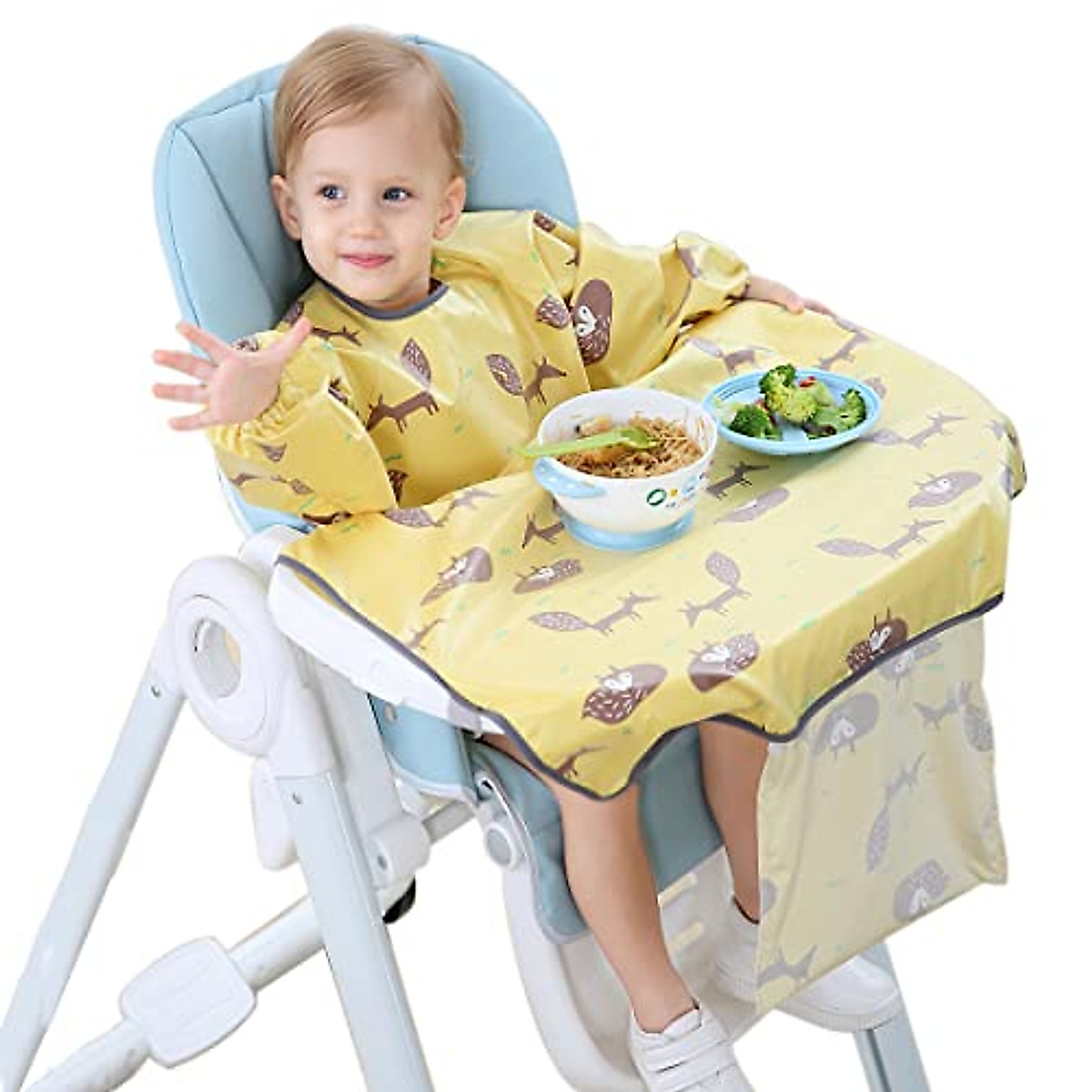 Jarafom Baby Weaning Bibs anti-dirty Highchair Waterproof Sleeved Bib Set Stain Odor Resistance Play Smock Apron 6-36 Months (long sleeves - Yellow fox)