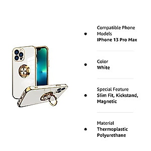 OOK Compatible with iPhone 13 Pro Max Case with Ring Holder Full Camera Lens Protection Plating Rose Gold Edge 360°Kickstand Slim Soft TPU Protective Case Cover for iPhone 13 Pro Max 6.7 Inch -White