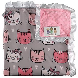 Baby Blanket - Kitty Cats on Grey with Pink Minky Dot and Satin Ruffled Edge