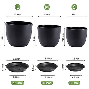 UOUZ 12/10/9 Large Modern Plant Pots, Plastic Planters with Drainage Holes and Saucers for Indoor Outdoor Plants Flowers, Black