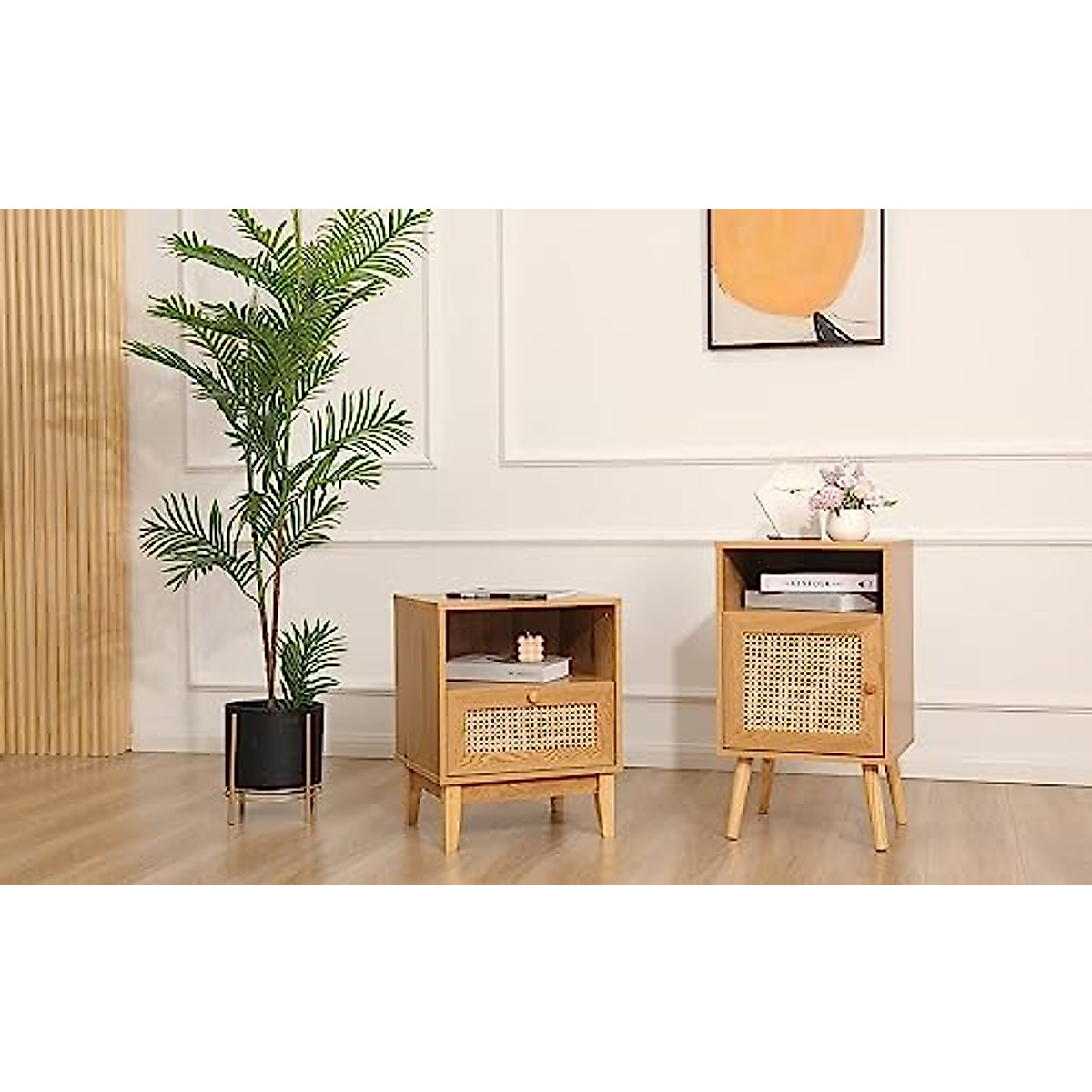 Betterhood Rattan Nightstand, Boho Side Table with Handmade Rattan Decorated Drawer, Mid-Century Modern Nightstand with Open Storage Shelf for Bedroom, Living Room, Natural