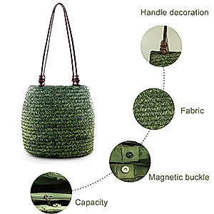 QTKJ Women Retro Bucket Straw Bag Handwoven Rattan Beach Tote Shoulder Bag with Brown Bead (Green)