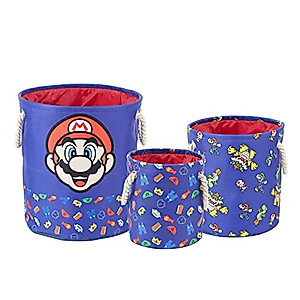 Idea Nuova Nintendo Super Mario 3 Piece Multi Size Fabric Nestable Toy Storage Basket Set, with Rope Carry Handles