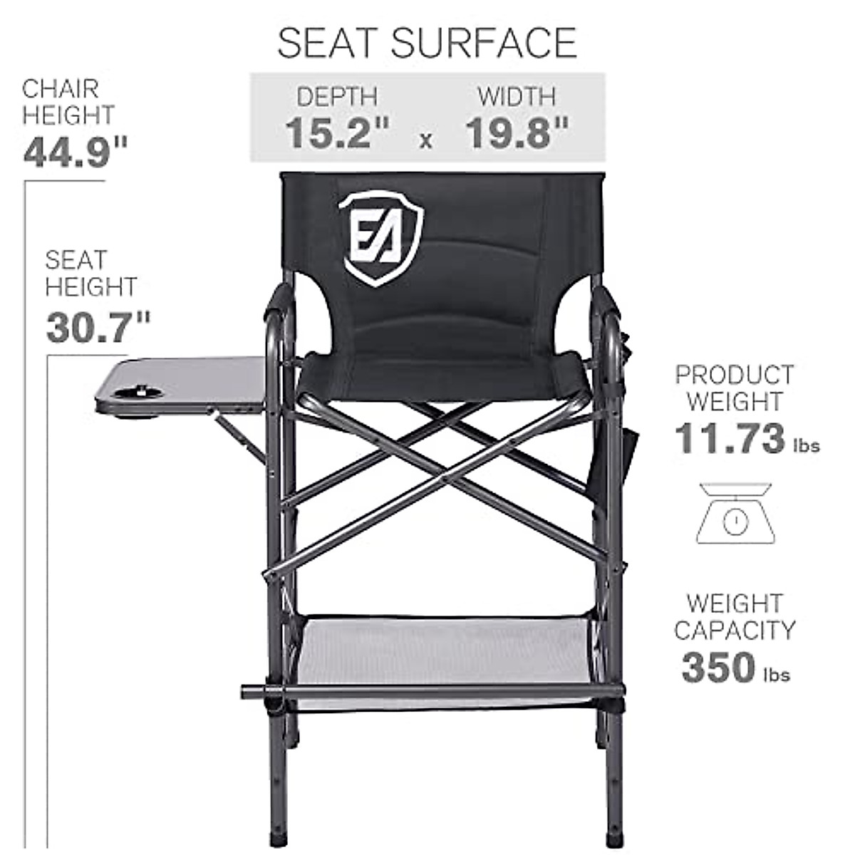 EVER ADVANCED 30.7" Seat Height Directors Chair Folding Bar Stool Tall Foldable Chair for Makeup Artist with Side Table Cup Holder Easy Get in Out for Elderly Camping Chair Supports 350LBS(Black)
