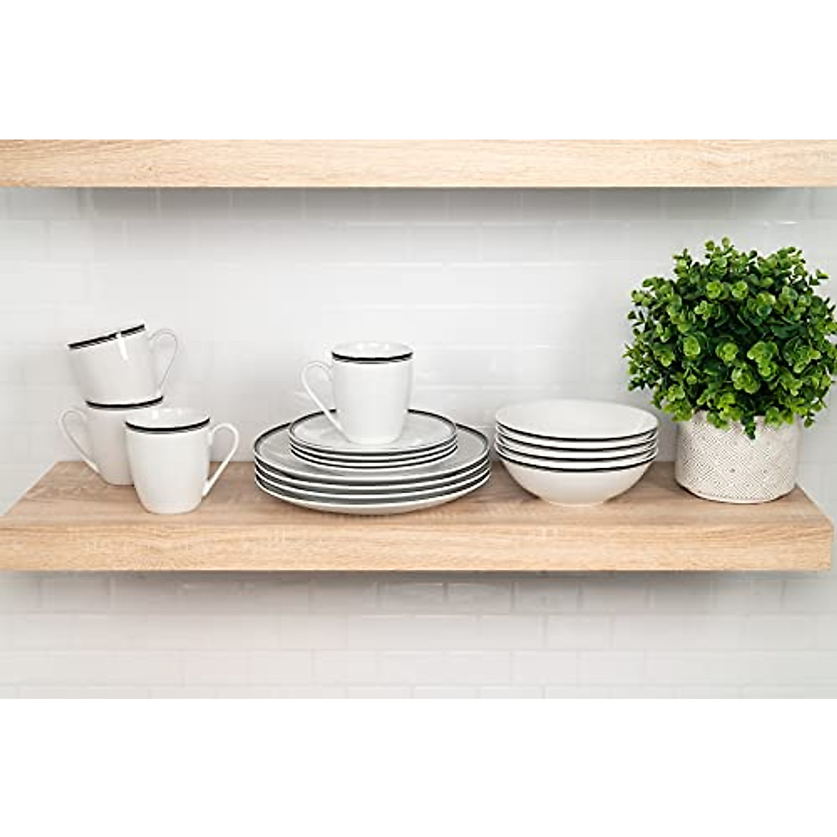 10 Strawberry Street Café Stripe 16 Piece Coupe Dinnerware Set, Black