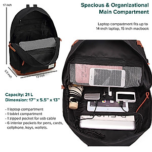 Classic College Backpack, Water-resistent Laptop Backpack with USB Charging Port & Headphone Adapter for Men & Women Slim Anti-Theft Travel Bookbags Fits up to 14'' Computer 15'' Macbook - Black