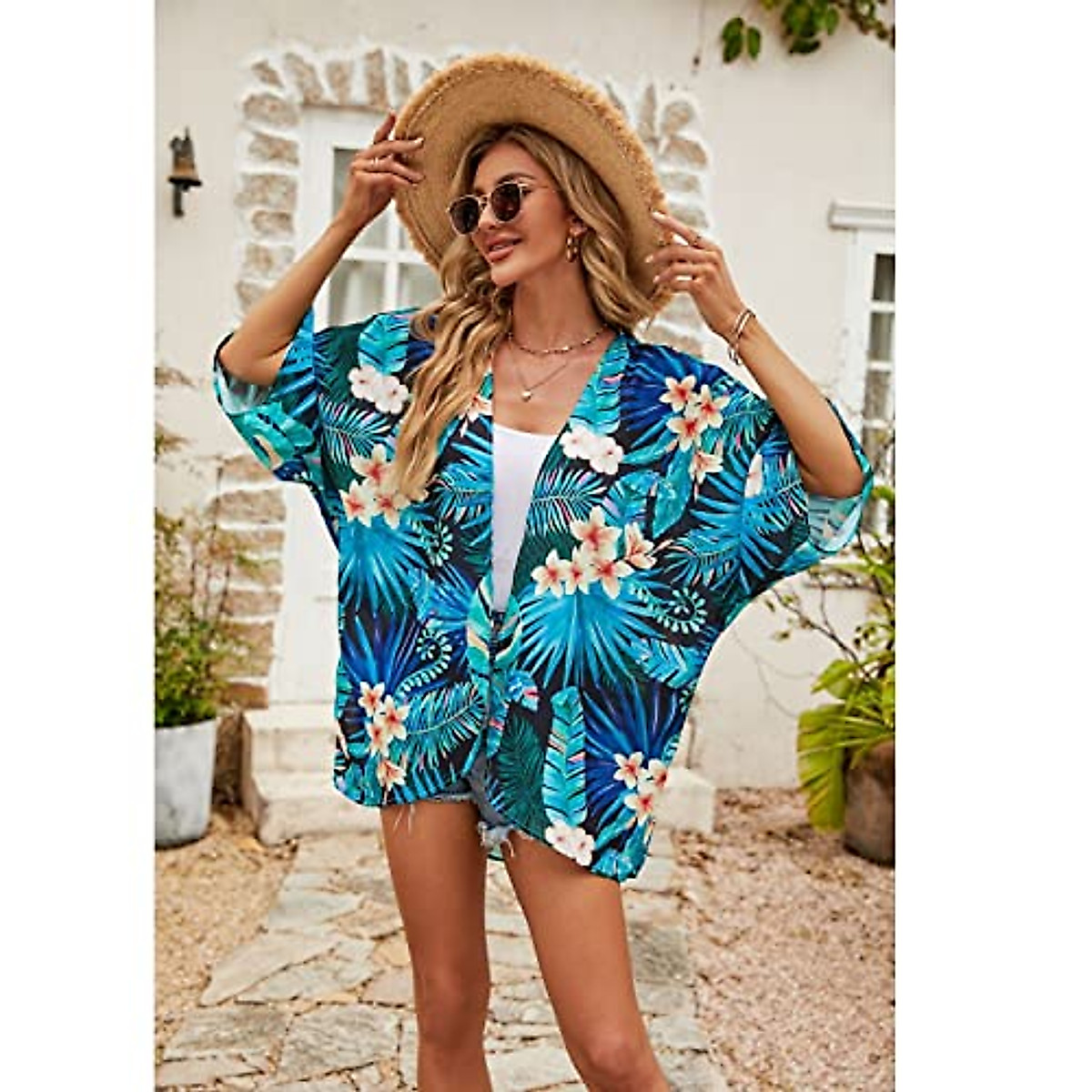 Women Chiffon Kimono Cardigans Tropical Tops Hawaiian Shirts Summer Beach Sheer 3/4 Sleeve Leaf Print (Black, M)
