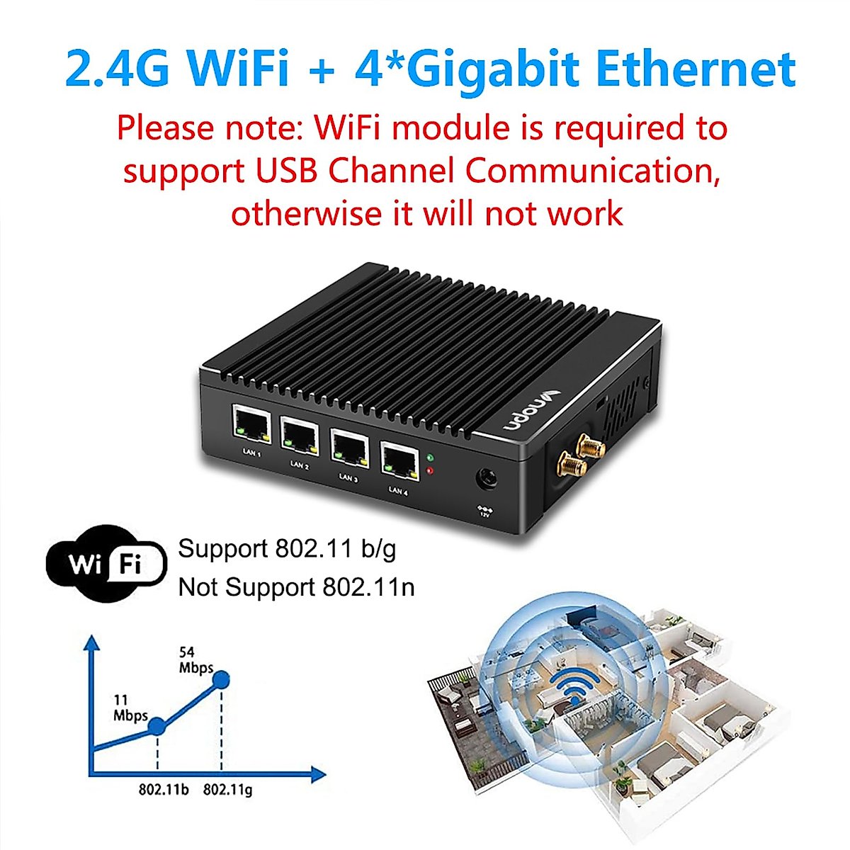 VNOPN Micro Firewall Appliance Intel N3700 Quad Core, Fanless Mini PC 4 Intel 2.5GbE i225 LAN Ports 8GB RAM DDR3 128GB mSATA SSD, Network Gateway Soft Router PC, Support AES NI/WiFi
