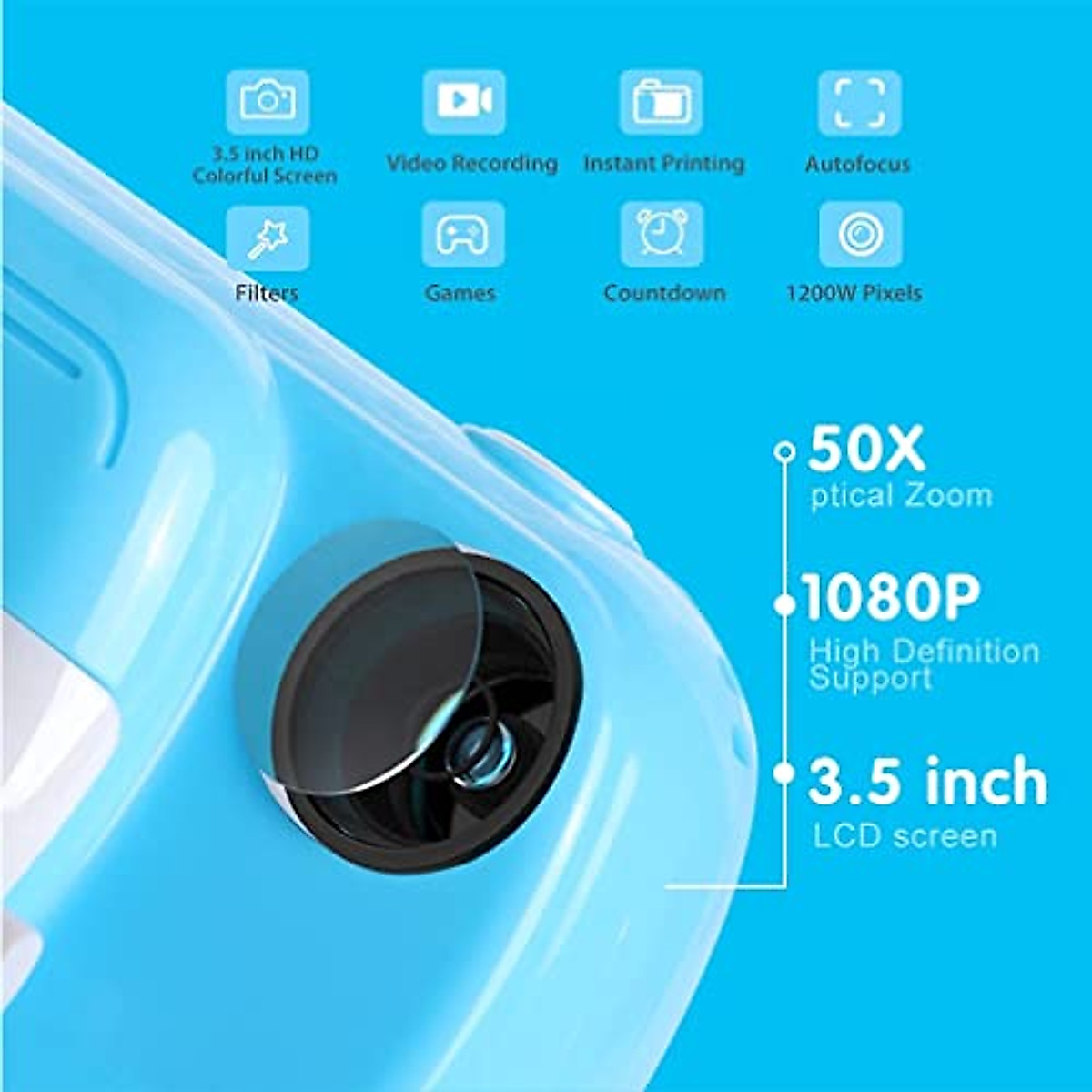 QSYY Instant Printing Camera Toys, 30MP Digital Video Camera, 1080P 3.5-Inch Eye Protection Large Screen, Children's Selfie Mini Camera with 32GB Memory Card, 3 Rolls of Paper,Blue