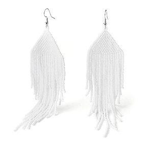 Handmade Beaded Tassel Earrings - Boho Drop Fringe Earrings for women, Native American Indian Earrings (Long White)