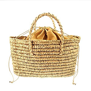 Handwoven Straw Vintage Tote Basket Purse Bag Straw Beach Bag Natural Casual Handbag Shoulder Bag Beach Rattan Vacation Bag