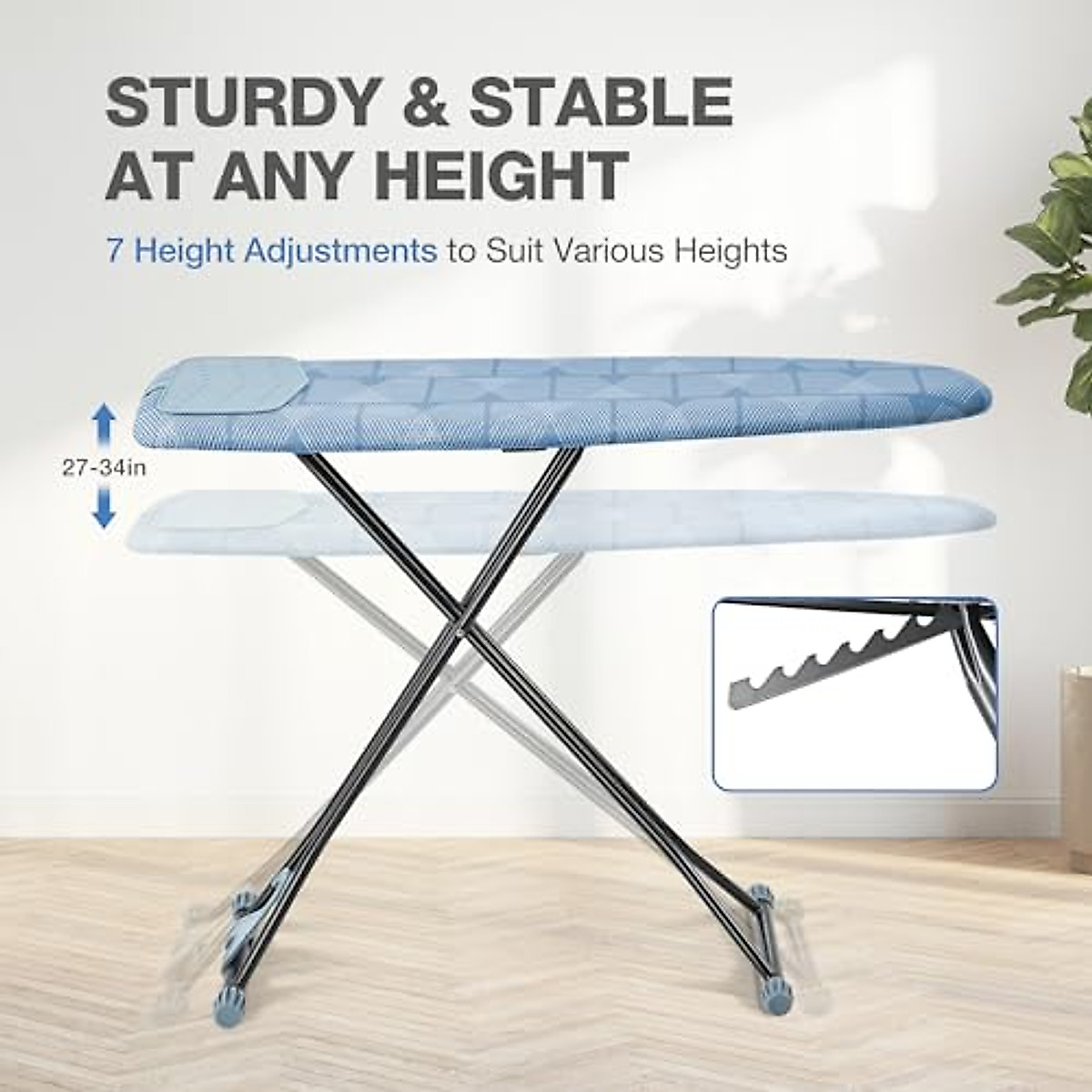 APEXCHASER Ironing Board with Iron Rest, Compact and Space Saver Iron Board, Extra Thick Cover, Height Adjustable, Wall Mount & Closet Hanger 13x43 Blue