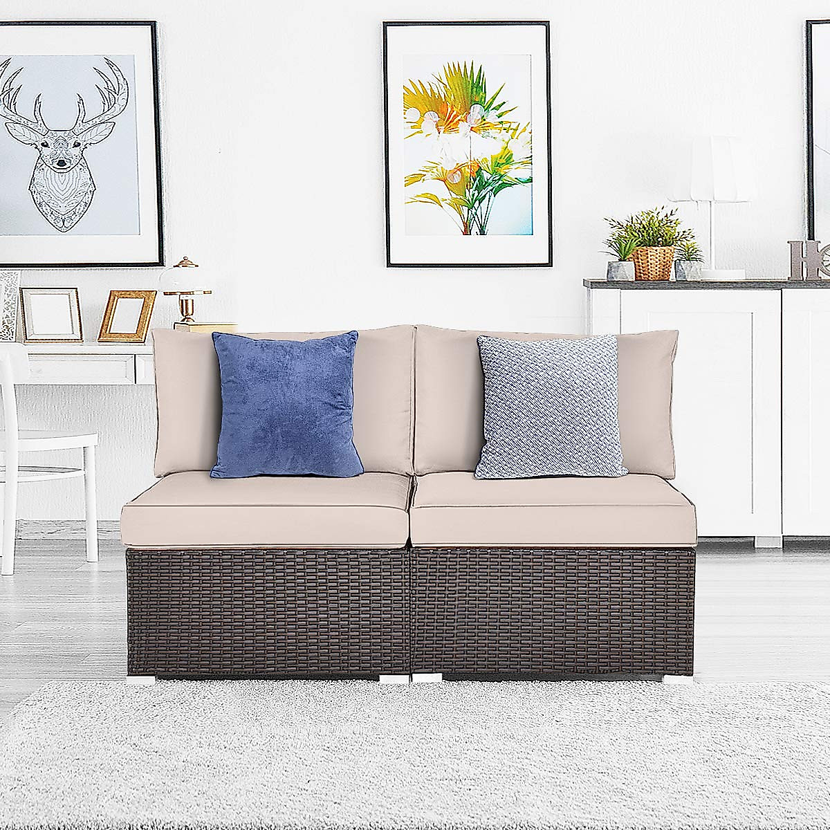 HAPPYGRILL 2PCS Patio Armless Sofa Set Outdoor Rattan Wicker Sectional Sofa Chairs with Cushions for Garden Balcony Patio Poolside